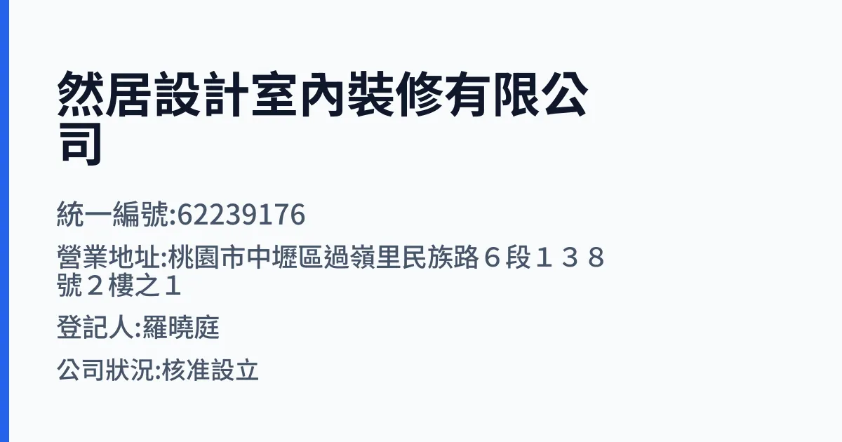 然居設計室內裝修有限公司 - 統編 62239176(桃園市) 公司登記資料與營業項目詳細圖表