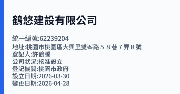 鶴悠建設有限公司的照片-統編 62239204(桃園市) 公司登記資料與營業項目詳細圖表
