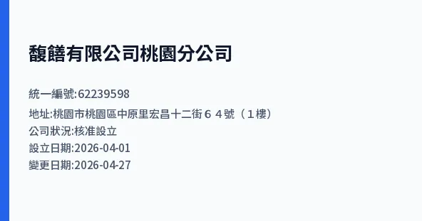 馥饍有限公司桃園分公司的照片-統編 62239598(桃園市) 公司登記資料與營業項目詳細圖表