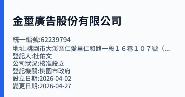 金壐廣告股份有限公司的照片-統編 62239794(桃園市) 公司登記資料與營業項目詳細圖表