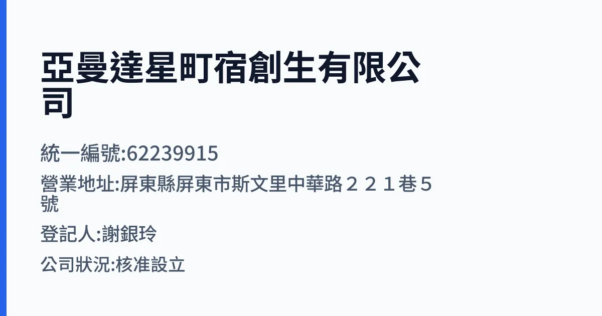 亞曼達星町宿創生有限公司 - 統編 62239915(屏東縣) 公司登記資料與營業項目詳細圖表