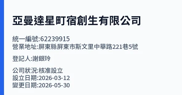 亞曼達星町宿創生有限公司的照片-統編 62239915(屏東縣) 公司登記資料與營業項目詳細圖表