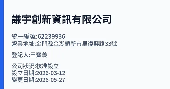 謙宇創新資訊有限公司的照片-統編 62239936(金門縣) 公司登記資料與營業項目詳細圖表
