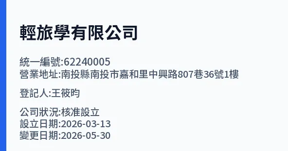 輕旅學有限公司的照片-統編 62240005(南投縣) 公司登記資料與營業項目詳細圖表