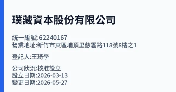 璞藏資本股份有限公司的照片-統編 62240167(新竹市) 公司登記資料與營業項目詳細圖表