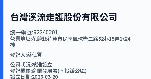 台灣溪流走護股份有限公司的照片-統編 62240201(花蓮縣) 公司登記資料與營業項目詳細圖表