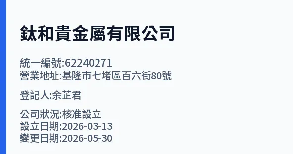 鈦和貴金屬有限公司的照片-統編 62240271(基隆市) 公司登記資料與營業項目詳細圖表