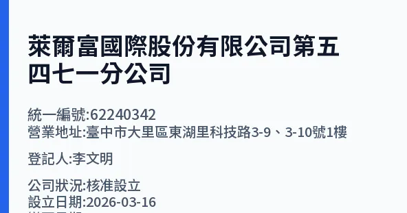 萊爾富國際股份有限公司第五四七一分公司的照片-統編 62240342(臺中市) 公司登記資料與營業項目詳細圖表