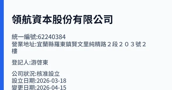 領航資本股份有限公司的照片-統編 62240384(宜蘭縣) 公司登記資料與營業項目詳細圖表