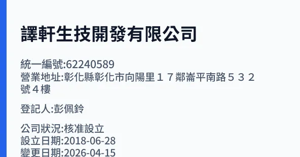 譯軒生技開發有限公司的照片-統編 62240589(彰化縣) 公司登記資料與營業項目詳細圖表