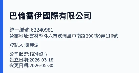 巴倫喬伊國際有限公司的照片-統編 62240981(雲林縣) 公司登記資料與營業項目詳細圖表