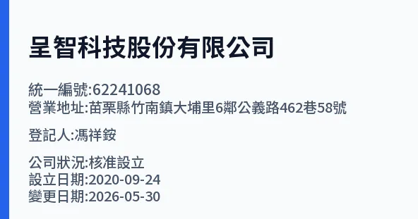 呈智科技股份有限公司的照片-統編 62241068(苗栗縣) 公司登記資料與營業項目詳細圖表