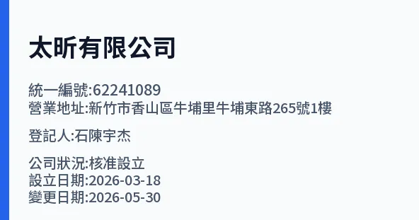 太昕有限公司的照片-統編 62241089(新竹市) 公司登記資料與營業項目詳細圖表
