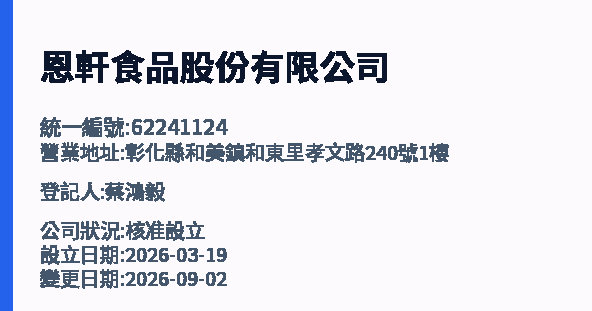 恩軒食品股份有限公司的照片-統編 62241124 公司登記資料與營業項目詳細圖表
