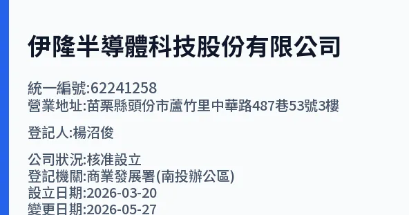 伊隆半導體科技股份有限公司的照片-統編 62241258(苗栗縣) 公司登記資料與營業項目詳細圖表