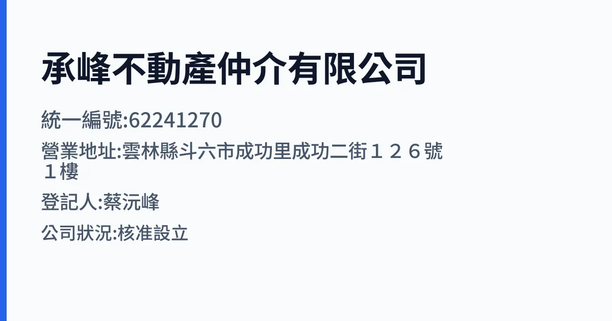 承峰不動產仲介有限公司 - 統編 62241270(雲林縣) 公司登記資料與營業項目詳細圖表
