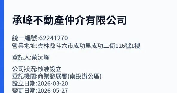 承峰不動產仲介有限公司的照片-統編 62241270(雲林縣) 公司登記資料與營業項目詳細圖表