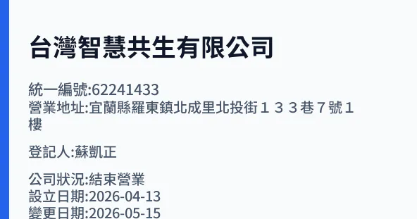 台灣智慧共生有限公司的照片-統編 62241433(宜蘭縣) 公司登記資料與營業項目詳細圖表