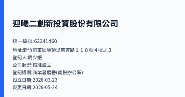 迎曦二創新投資股份有限公司的照片-統編 62241460(新竹市) 公司登記資料與營業項目詳細圖表