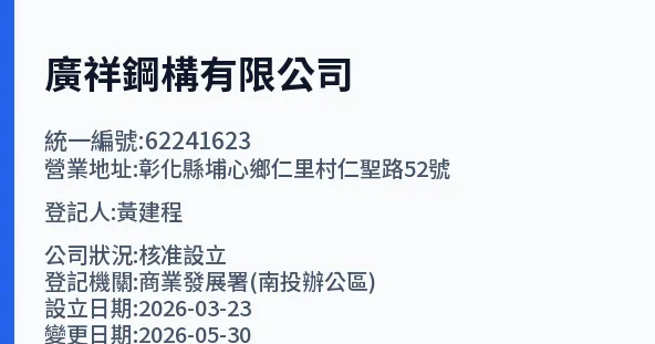 廣祥鋼構有限公司的照片-統編 62241623(彰化縣) 公司登記資料與營業項目詳細圖表