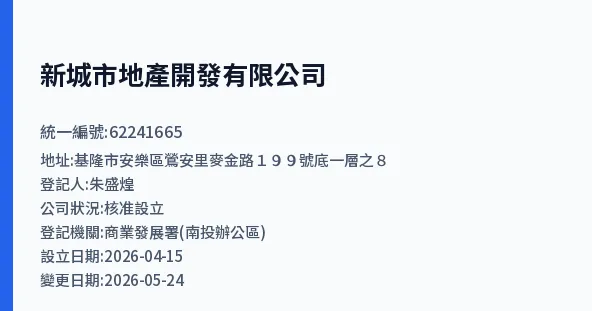 新城市地產開發有限公司的照片-統編 62241665(基隆市) 公司登記資料與營業項目詳細圖表