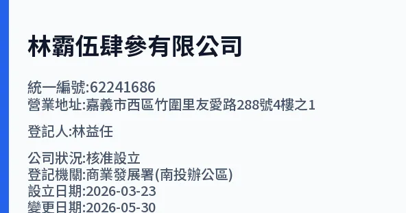 林霸伍肆參有限公司的照片-統編 62241686(嘉義市) 公司登記資料與營業項目詳細圖表