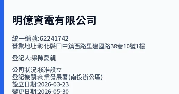 明億資電有限公司的照片-統編 62241742(彰化縣) 公司登記資料與營業項目詳細圖表