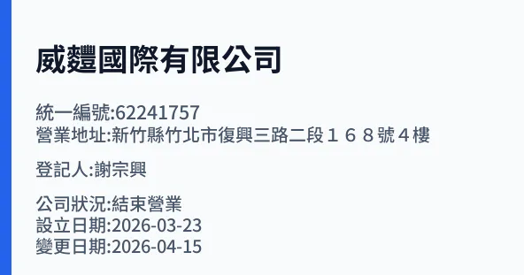 威麷國際有限公司的照片-統編 62241757(新竹縣) 公司登記資料與營業項目詳細圖表