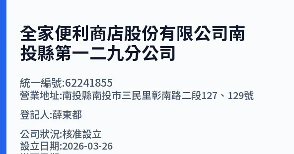 全家便利商店股份有限公司南投縣第一二九分公司的照片-統編 62241855(南投縣) 公司登記資料與營業項目詳細圖表