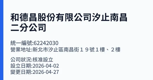 和德昌股份有限公司汐止南昌二分公司的照片-統編 62242030(新北市) 公司登記資料與營業項目詳細圖表