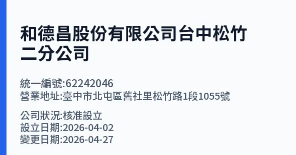 和德昌股份有限公司台中松竹二分公司的照片-統編 62242046(臺中市) 公司登記資料與營業項目詳細圖表