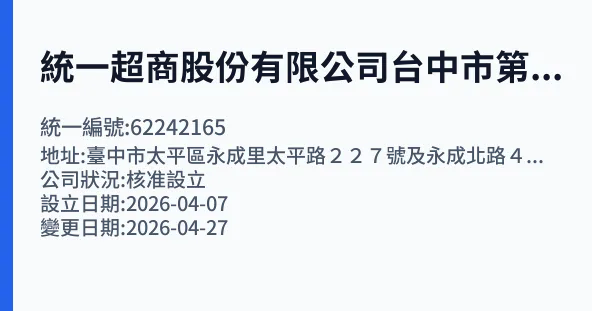 統一超商股份有限公司台中市第八八四分公司的照片-統編 62242165(臺中市) 公司登記資料與營業項目詳細圖表