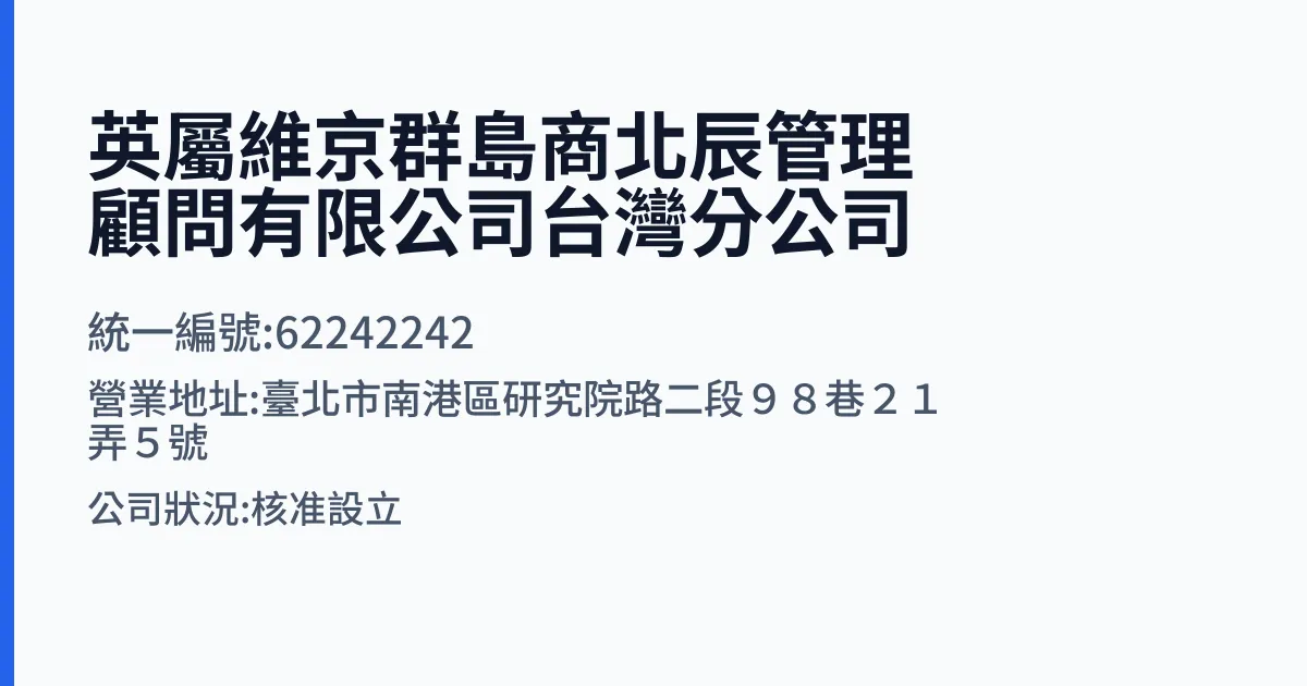 英屬維京群島商北辰管理顧問有限公司台灣分公司 - 統編 62242242(臺北市) 公司登記資料與營業項目詳細圖表
