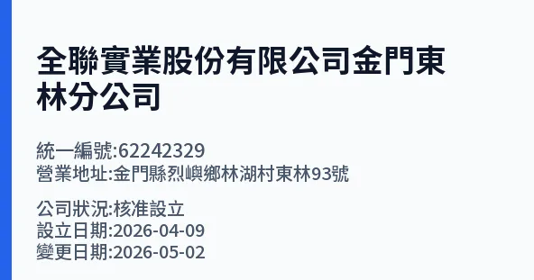 全聯實業股份有限公司金門東林分公司的照片-統編 62242329(金門縣) 公司登記資料與營業項目詳細圖表