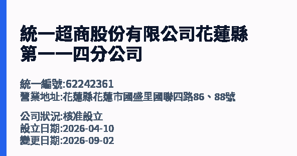 統一超商股份有限公司花蓮縣第一一四分公司的照片-統編 62242361 公司登記資料與營業項目詳細圖表
