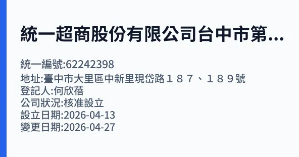 統一超商股份有限公司台中市第八八五分公司的照片-統編 62242398(臺中市) 公司登記資料與營業項目詳細圖表