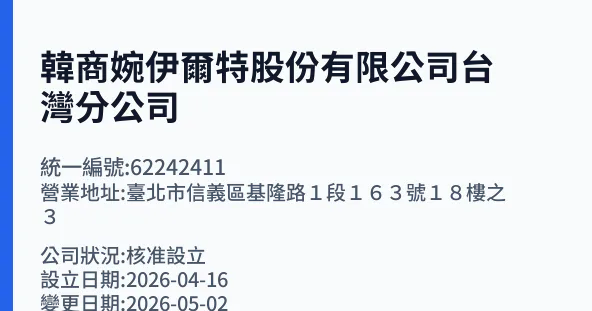 韓商婉伊爾特股份有限公司台灣分公司的照片-統編 62242411(臺北市) 公司登記資料與營業項目詳細圖表