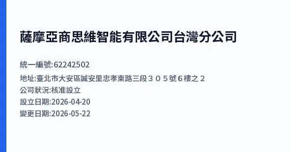 薩摩亞商思維智能有限公司台灣分公司的照片-統編 62242502(臺北市) 公司登記資料與營業項目詳細圖表