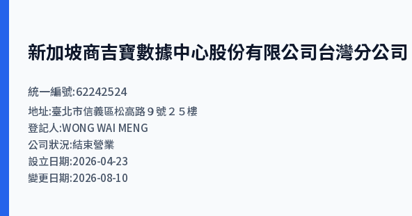 新加坡商吉寶數據中心股份有限公司台灣分公司的照片-統編 62242524 公司登記資料與營業項目詳細圖表