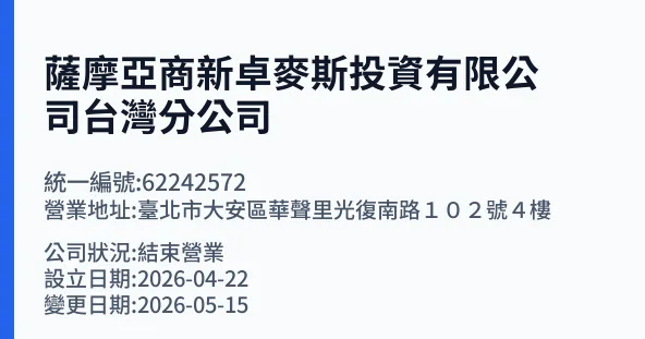 薩摩亞商新卓麥斯投資有限公司台灣分公司的照片-統編 62242572(臺北市) 公司登記資料與營業項目詳細圖表