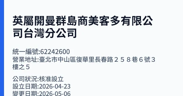 英屬開曼群島商美客多有限公司台灣分公司的照片-統編 62242600(臺北市) 公司登記資料與營業項目詳細圖表