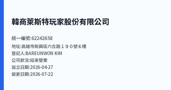 韓商萊斯特玩家股份有限公司的照片-統編 62242658 公司登記資料與營業項目詳細圖表