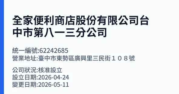 全家便利商店股份有限公司台中市第八一三分公司的照片-統編 62242685(臺中市) 公司登記資料與營業項目詳細圖表