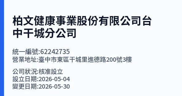 柏文健康事業股份有限公司台中干城分公司的照片-統編 62242735(臺中市) 公司登記資料與營業項目詳細圖表