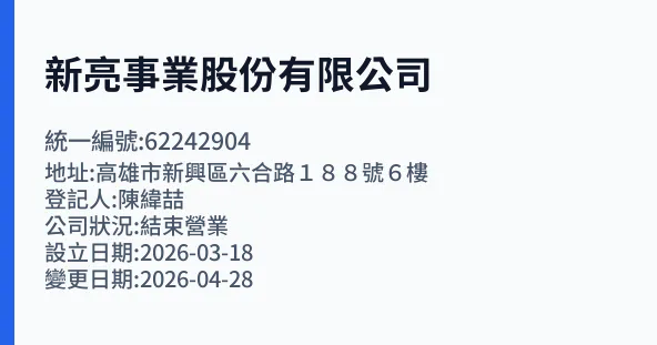 新亮事業股份有限公司的照片-統編 62242904(高雄市) 公司登記資料與營業項目詳細圖表