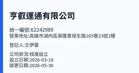 亨叡運通有限公司的照片-統編 62242989(高雄市) 公司登記資料與營業項目詳細圖表