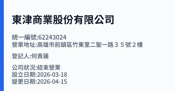 東津商業股份有限公司的照片-統編 62243024(高雄市) 公司登記資料與營業項目詳細圖表
