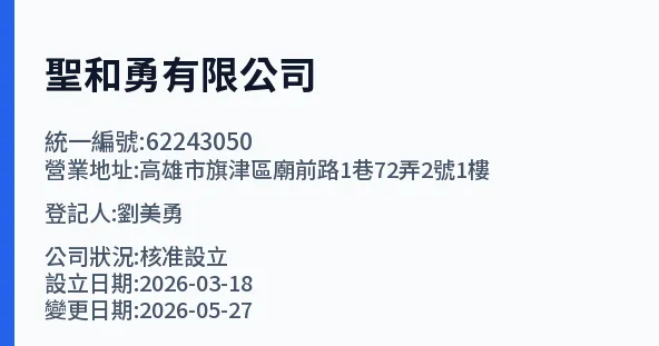 聖和勇有限公司的照片-統編 62243050(高雄市) 公司登記資料與營業項目詳細圖表