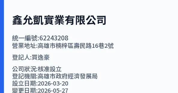 鑫允凱實業有限公司的照片-統編 62243208(高雄市) 公司登記資料與營業項目詳細圖表
