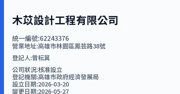 木苡設計工程有限公司的照片-統編 62243376(高雄市) 公司登記資料與營業項目詳細圖表